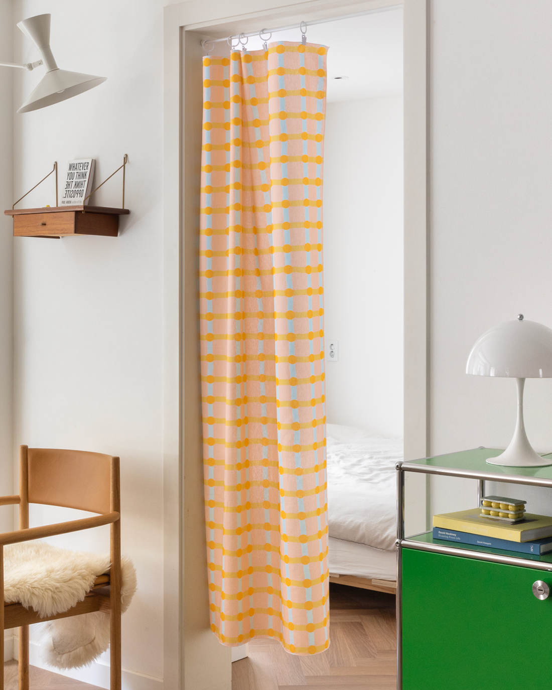 DOT CHECK DOOR CURTAIN - ORANGE ON PINK – warmgreytail